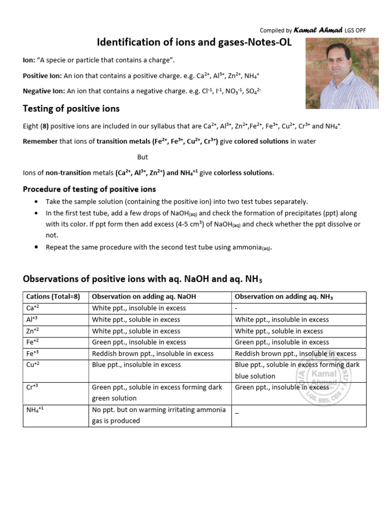 Identification of Ions and Gases-Notes-OL | PDF | Ammonium | Ion