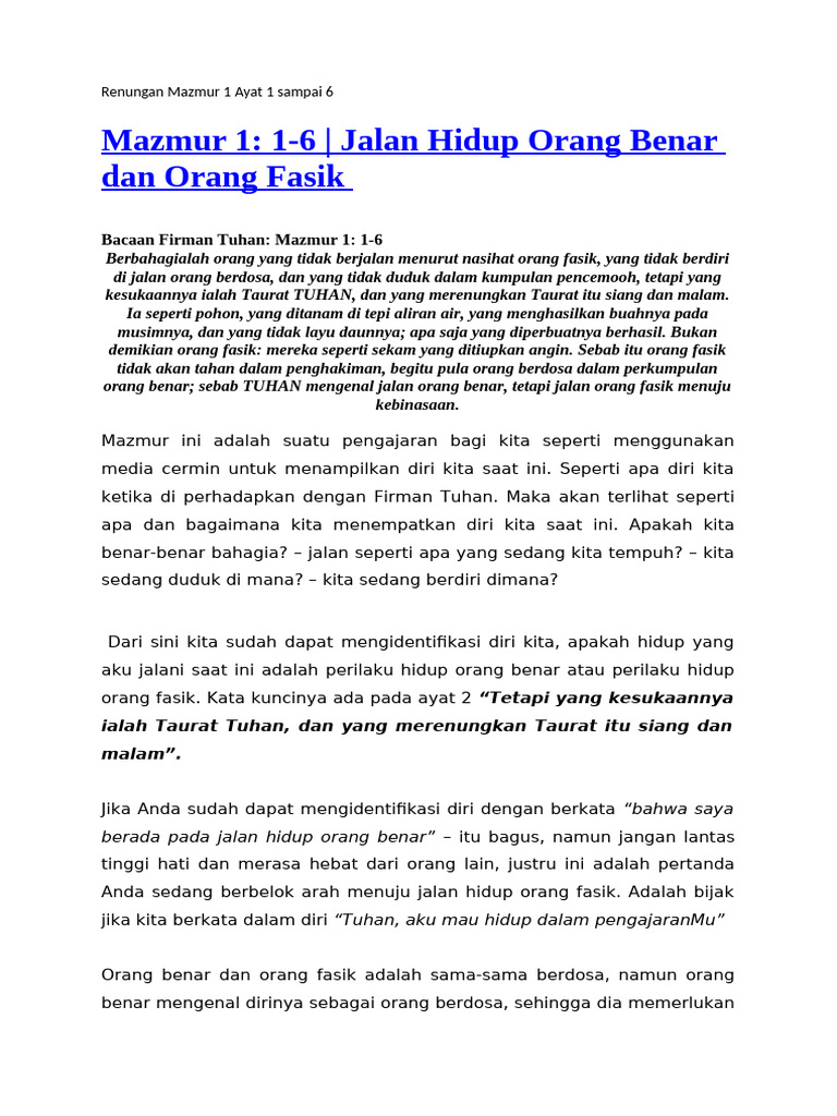 Renungan Mazmur 1 Ayat 1 Sampai 6 | PDF