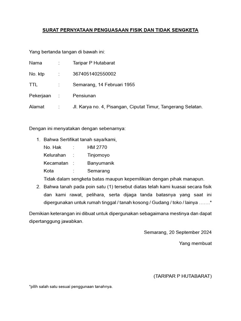 Surat Pernyataan Penguasaan Fisik Dan Tidak Sengketa | PDF