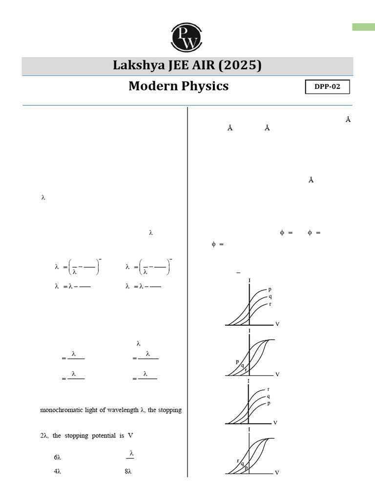 Modern Physics DPP 02 of Lec 03 Lakshya JEE AIR 2025669942390527e9c052fbdeb4 | PDF ...