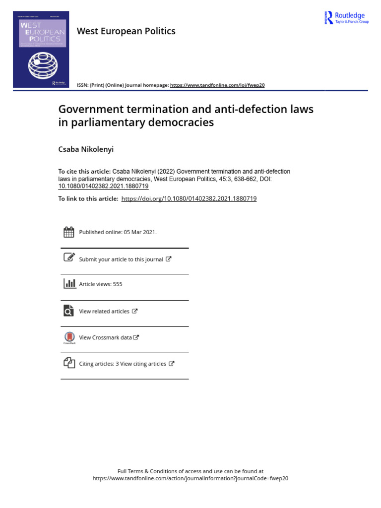 Government Termination and Anti Defection Laws in Parliamentary ...