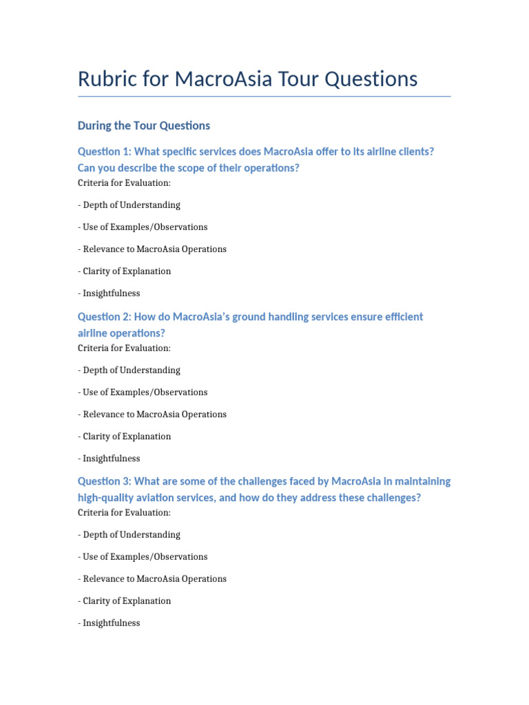 MacroAsia Tour Questions Rubric | PDF | Critical Thinking | Tourism