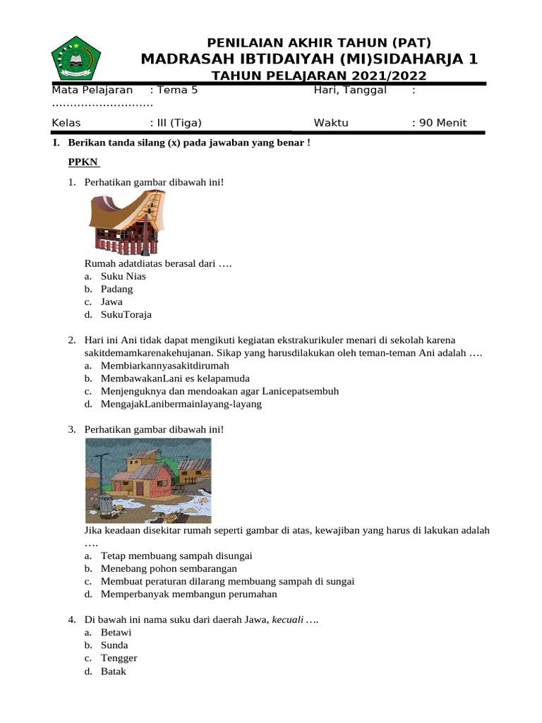 Soal UAS-PAS Kelas 3 Tema 5 - Kamimadrasah | PDF
