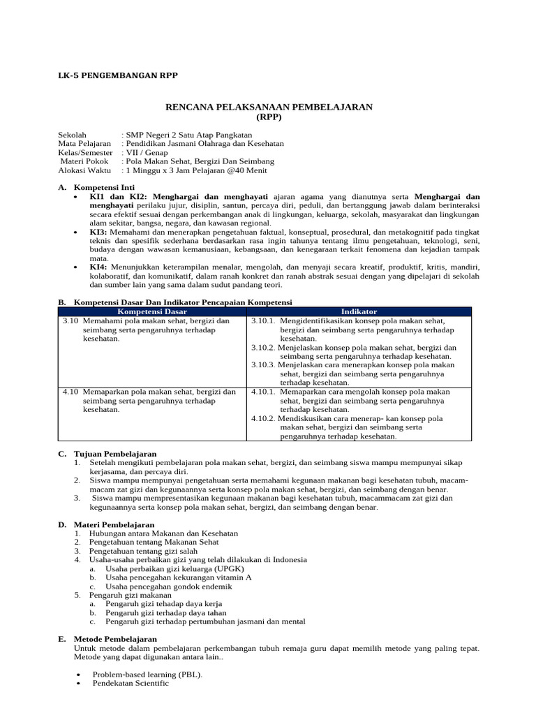 LK-5 RPP NURIANSYAH - Makan Sehat, Bergizi Dan Seimbang | PDF
