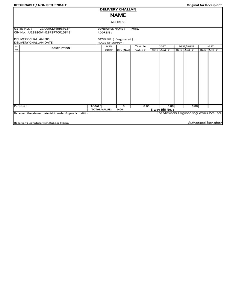 Delivery Challan - Format | PDF