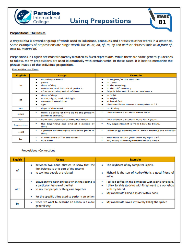 Using Prepositions B1 | PDF