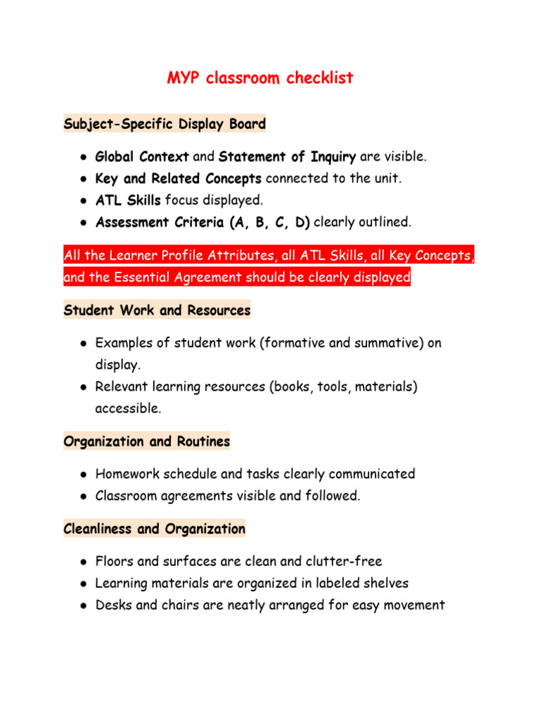 MYP Classroom Checklist | PDF