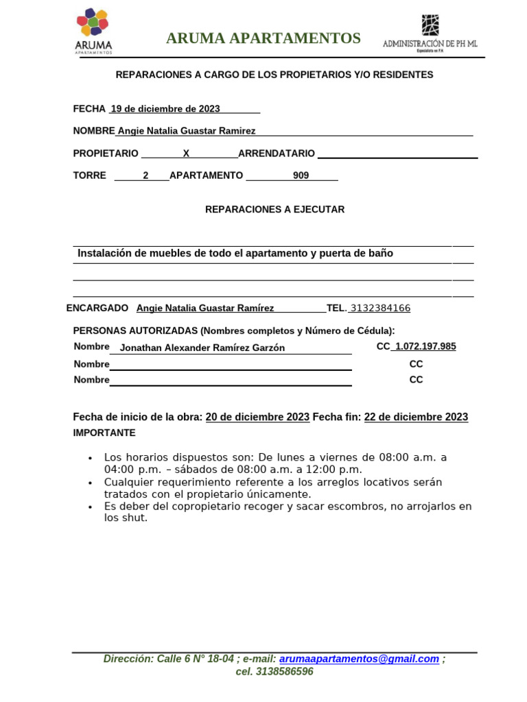 Reparaciones en Aruma Apartamentos | PDF