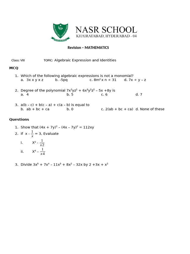 Grade 8 Math Revision Guide | PDF | Equations | Mathematics