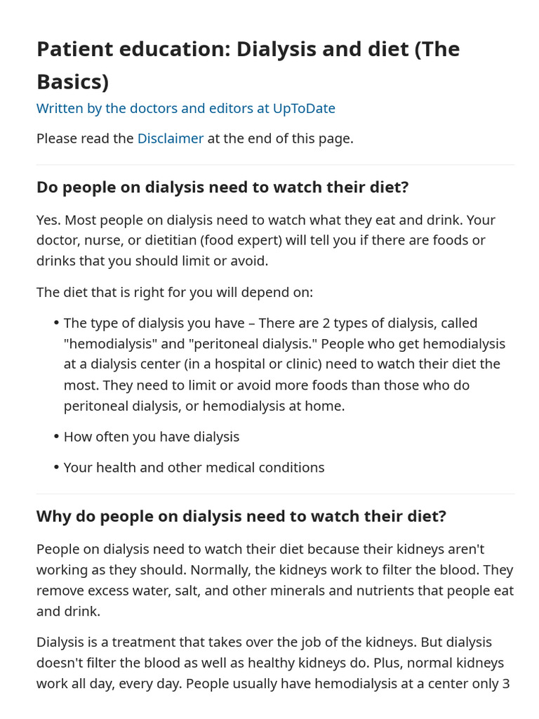 UpToDate Patient Education - Dialysis and Diet (The Basics) | PDF ...