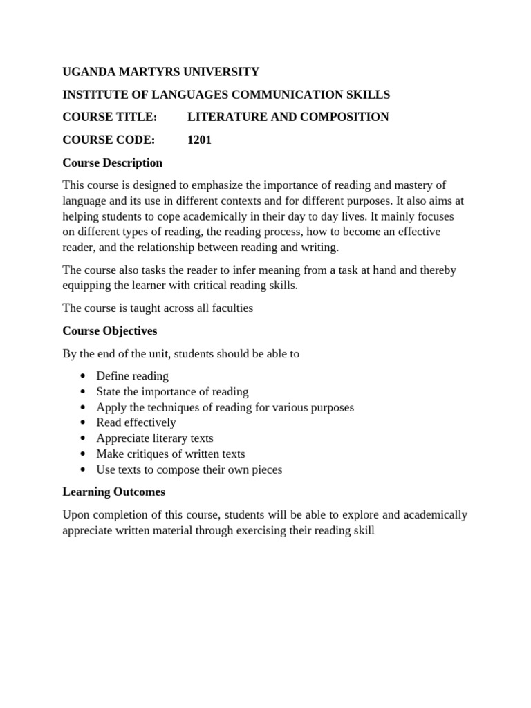 LIT 1201 Literature and COMPOSITION | PDF | Literacy | Learning