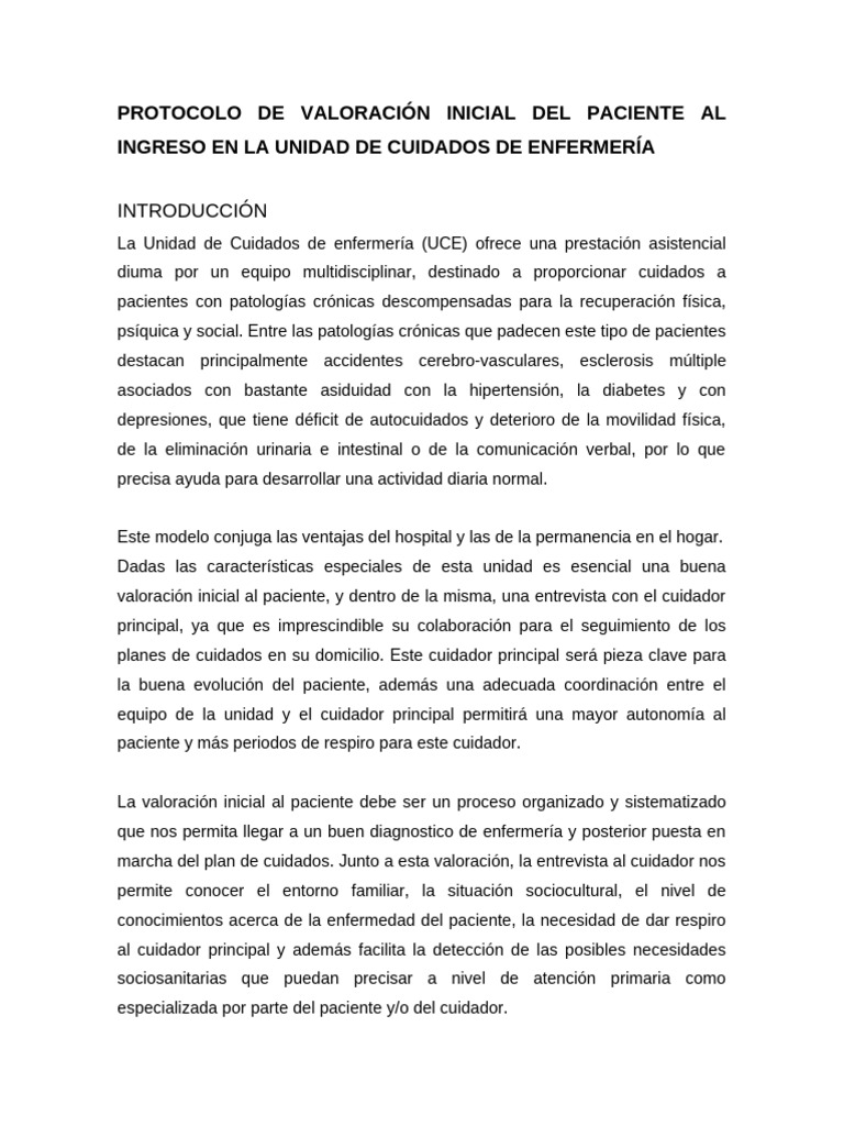 Protocolo de Valoración Inicial Del Paciente Al Ingreso en La Unidad de Cuidados de Enfermería ...