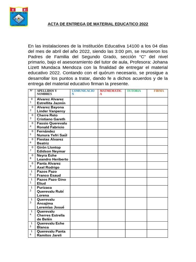 Acta de Entrega de Material Educatico 2022 2c | PDF