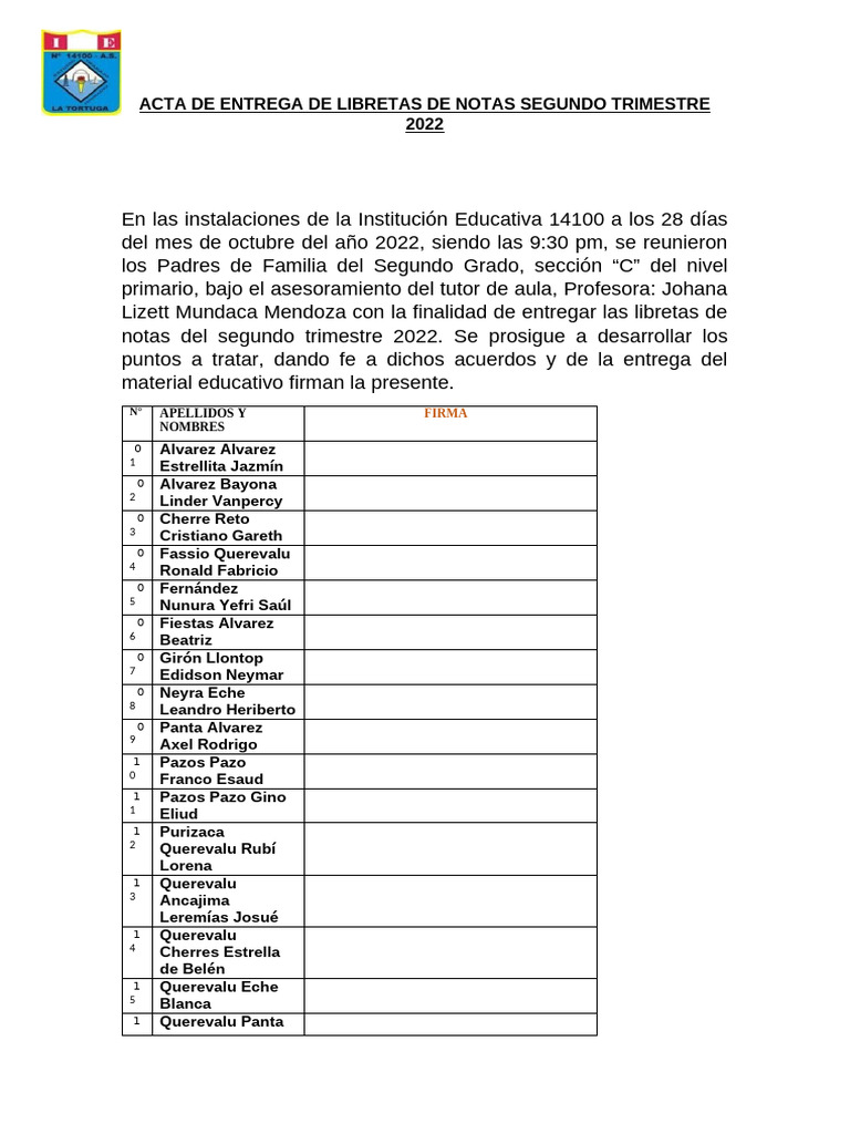 Acta de Entrega de Libretas Segundo Trimestre 2022 2c | PDF