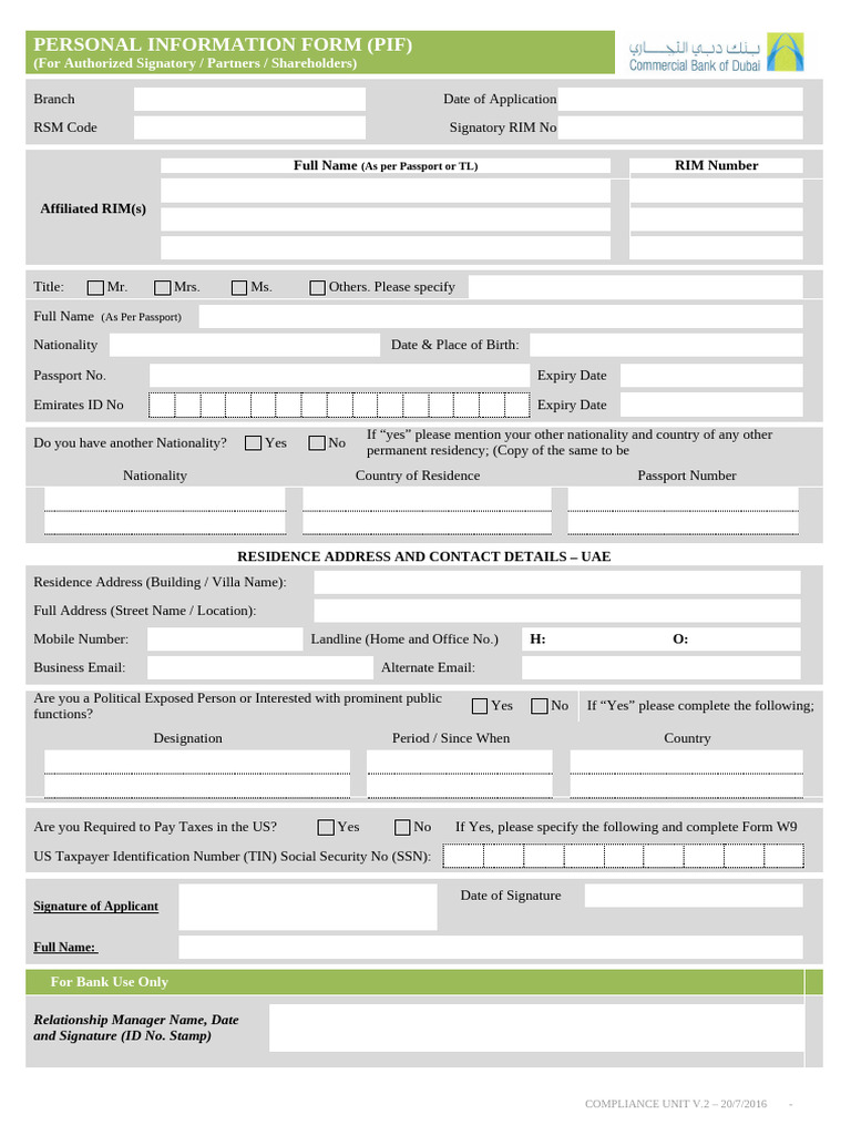 PIF Form For Authorized Signatory - Business Banking | PDF | Taxation ...