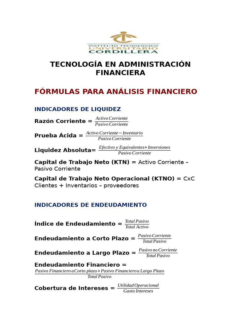 Fórmulas para Análisis Financiero | PDF | Capital de trabajo ...