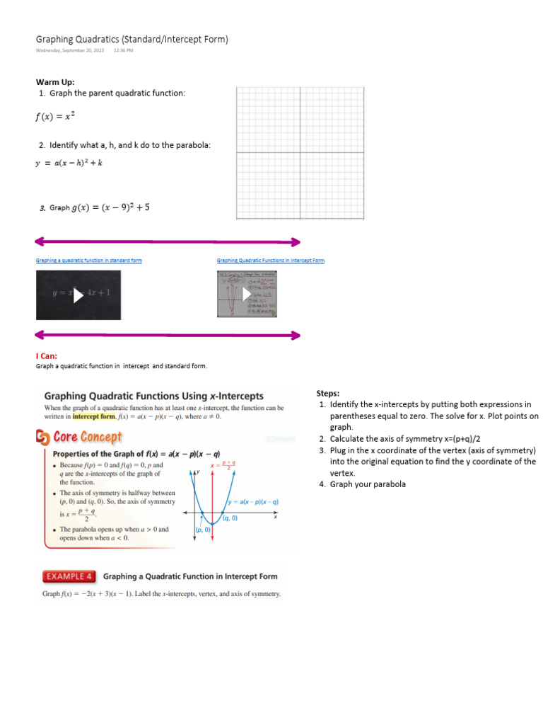 Lesson - Graphing Quadratics in Standard and Intercet Form | PDF | Graph Theory | Discrete ...