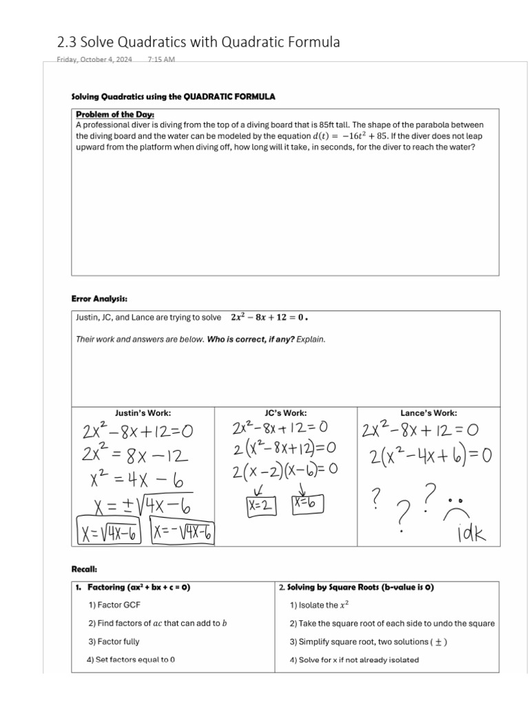 Lesson 2.3 Solving Quadratics With Quadratic Formula | PDF