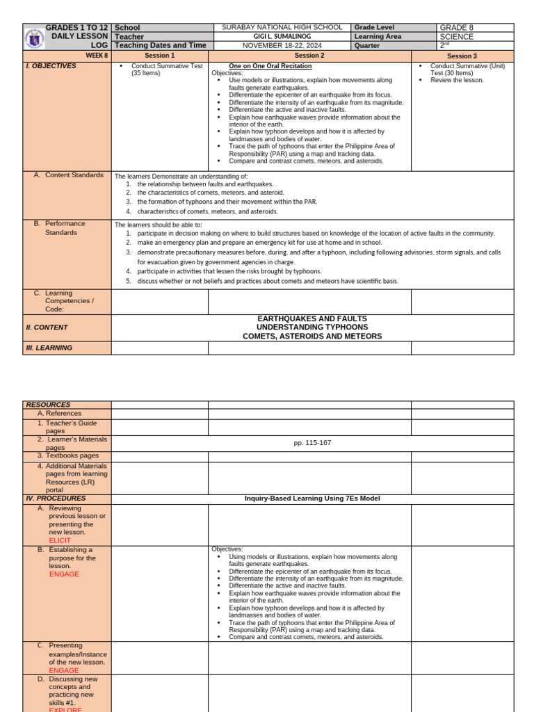 Le Grade 8 Science, Q2 W8 24-25 | PDF | Earthquakes | Meteoroid