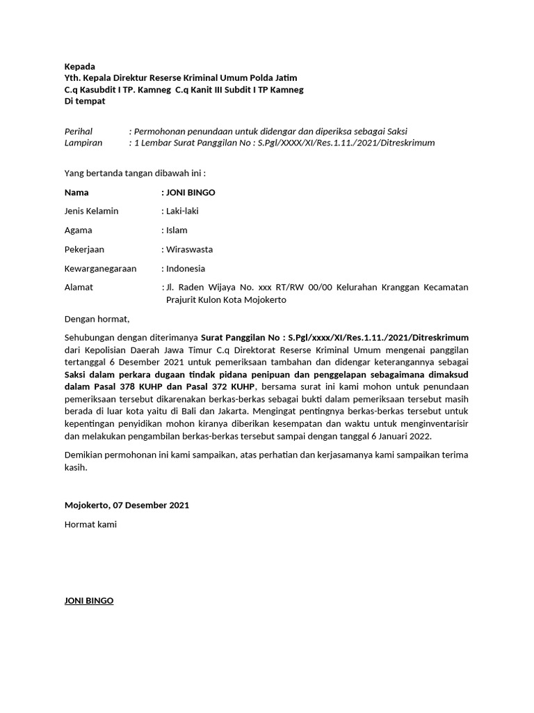 Surat Permohonan Penundaan Pemeriksaan Upload Scribd | PDF