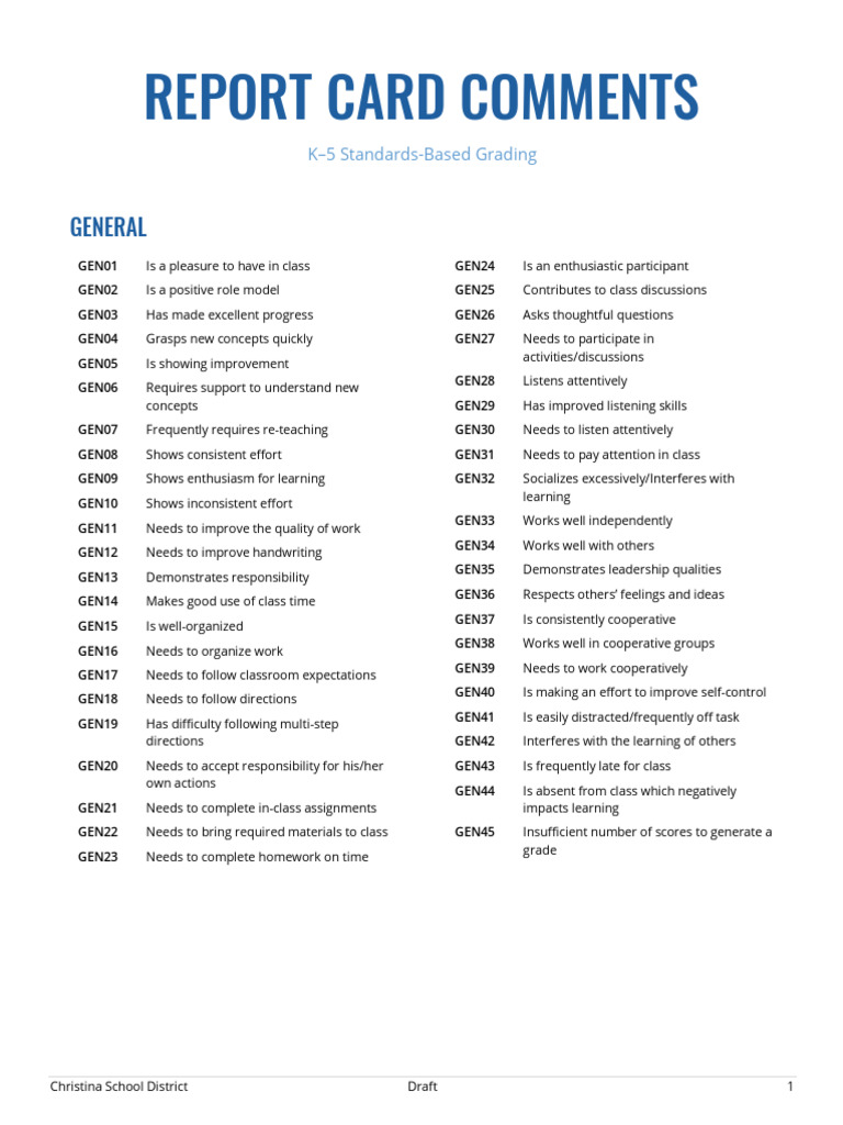 K-5 Standards-Based Report Card Comments | PDF | Science | Word