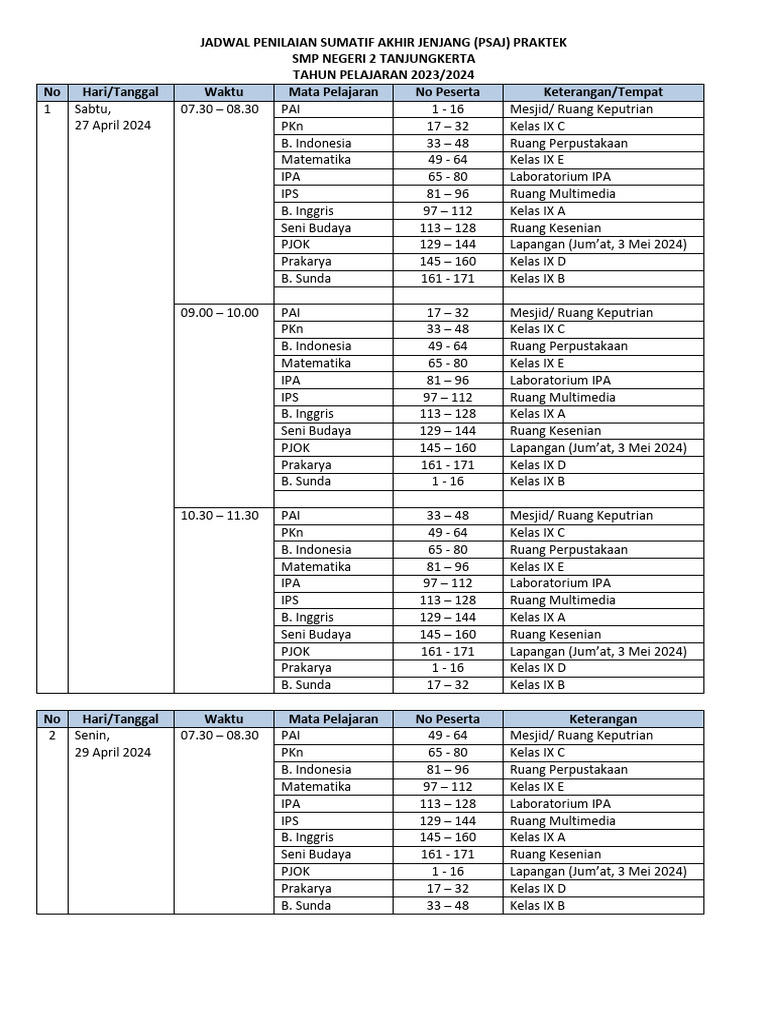 Jadwal PSAJ Praktek 2024 | PDF