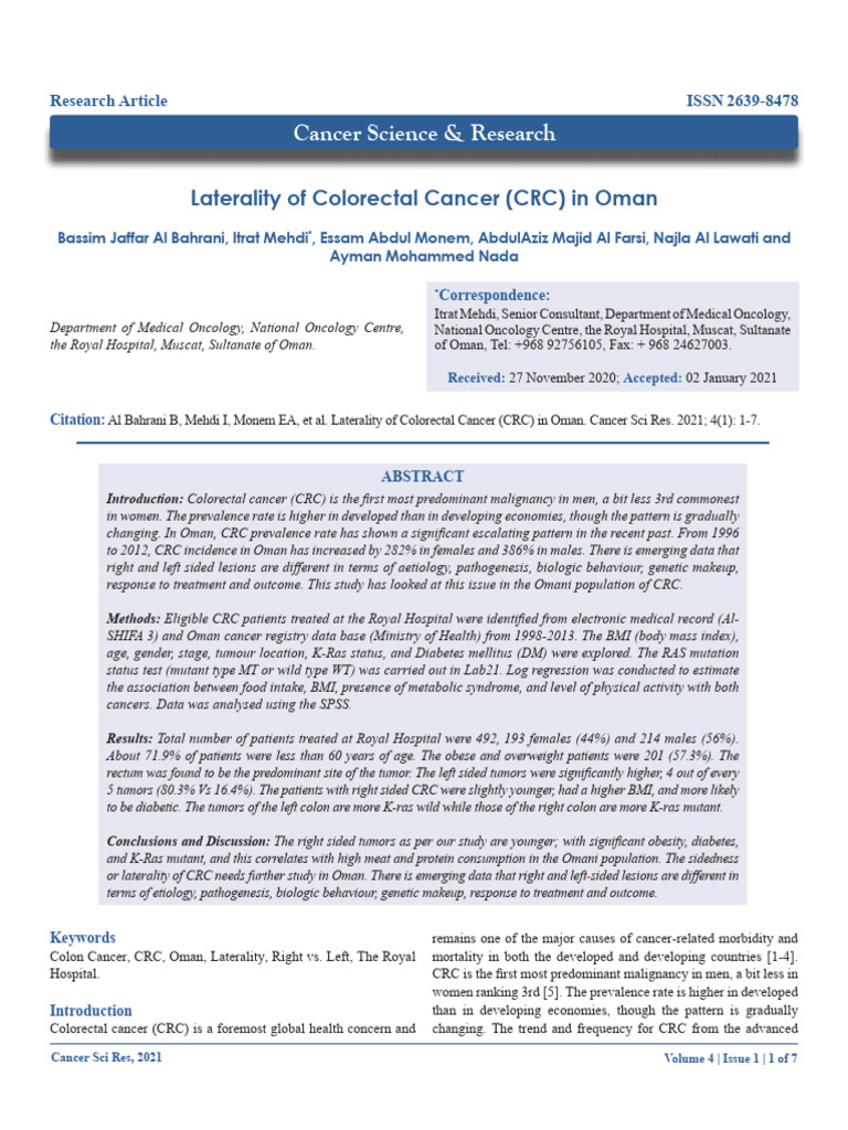 Laterality of Colorectal Cancer (CRC) in Oman | PDF | Colorectal Cancer ...