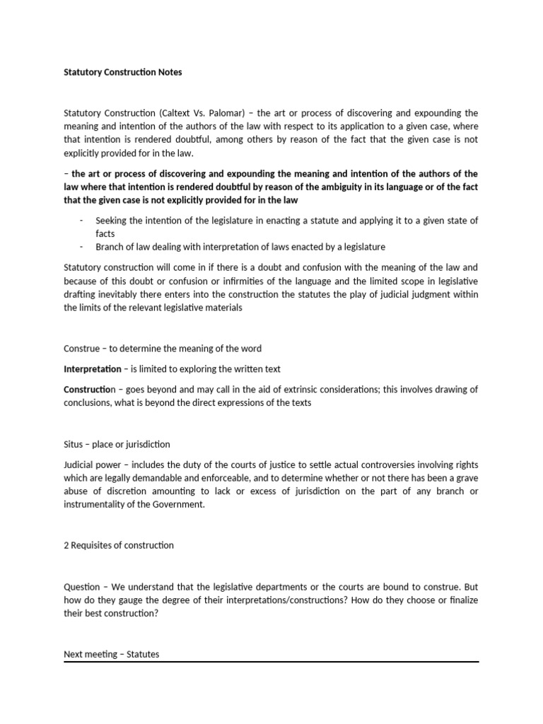 Statutory Construction Notes | PDF | Statutory Interpretation | Bill (Law)