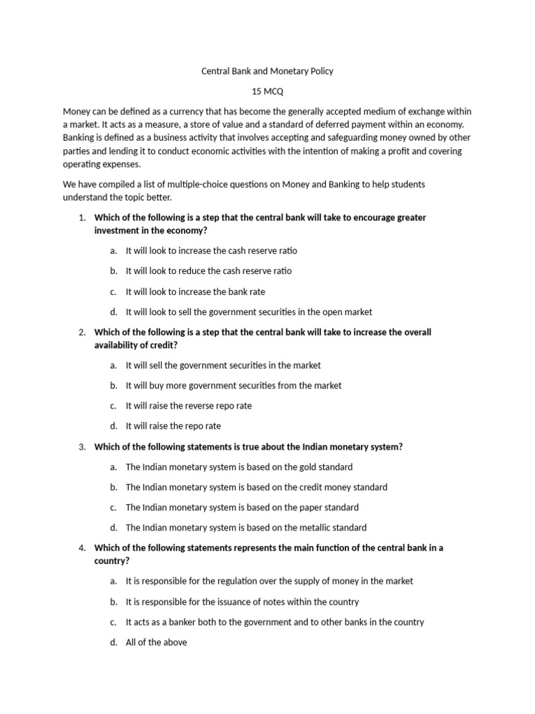 Central Bank and Monetary Policy | PDF | Banks | Money