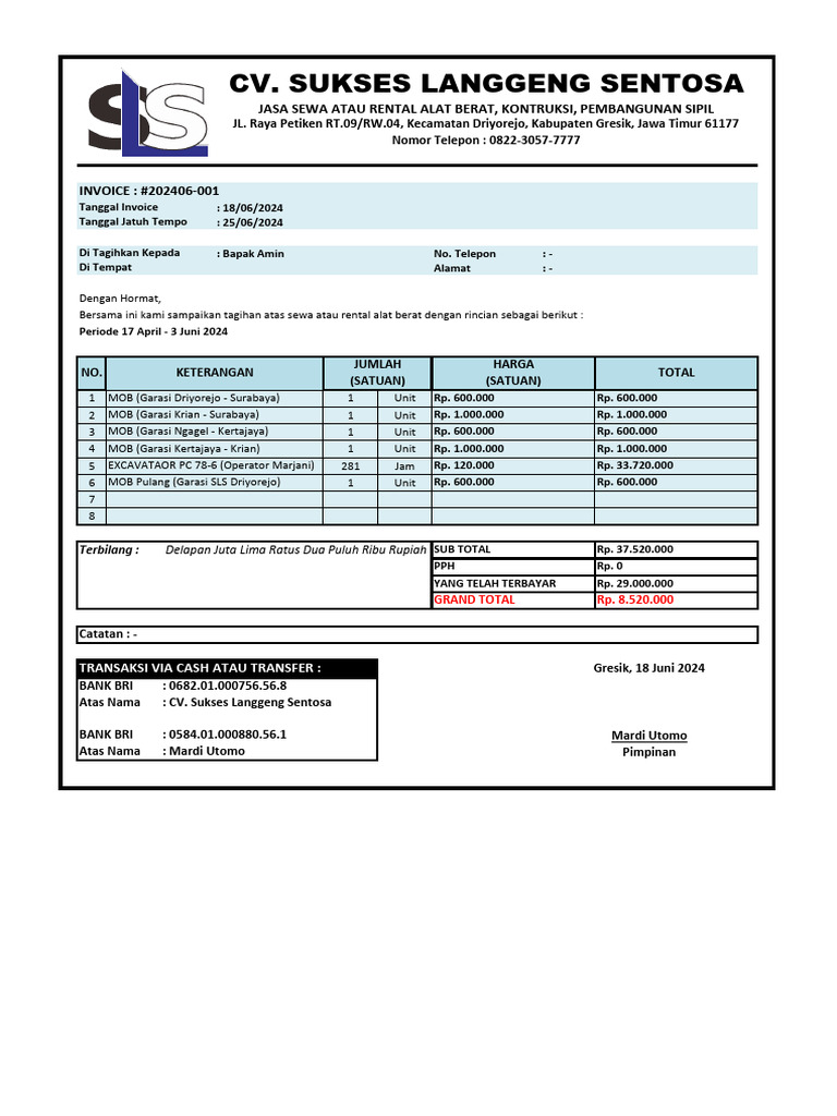 Invoice Sewa Alat Berat CV. Sukses Langgeng | PDF