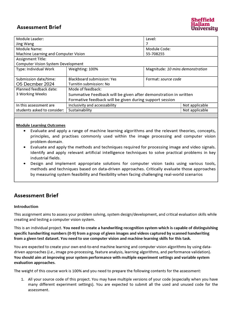 Assessment Brief | PDF | Machine Learning | Computer Vision
