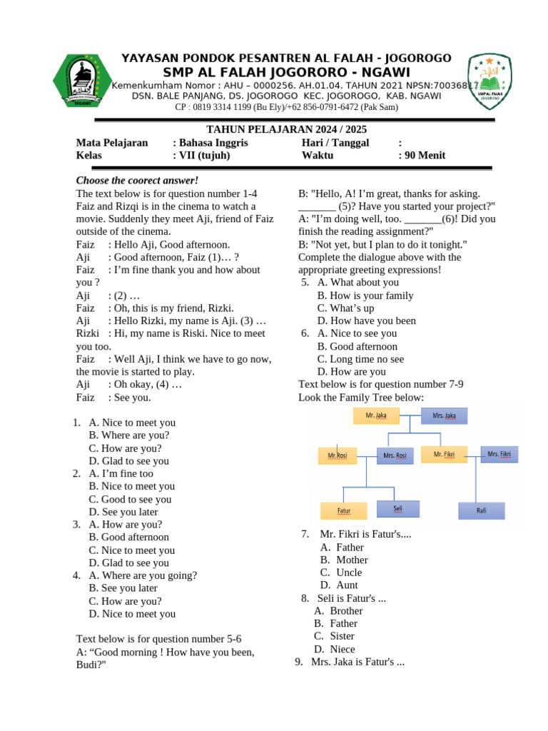 Soal Big KLS 7 Ganjil Kurmer 2024 2025 Al Falah | PDF
