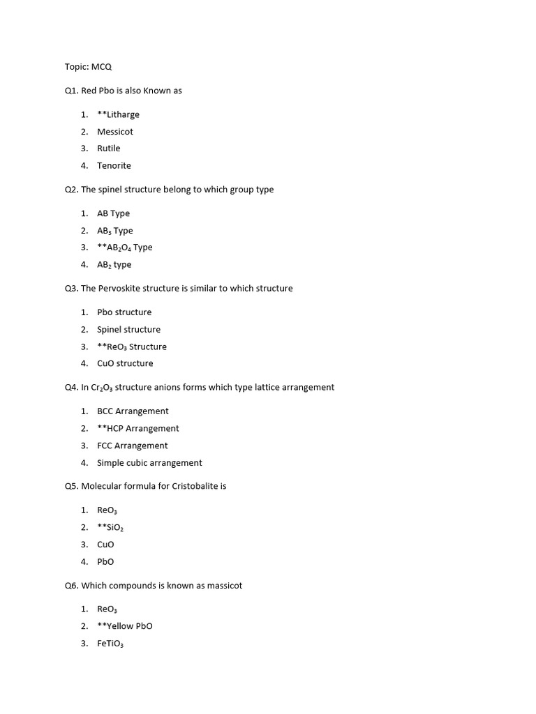 MCQ on Crystal Structures and Compounds | PDF