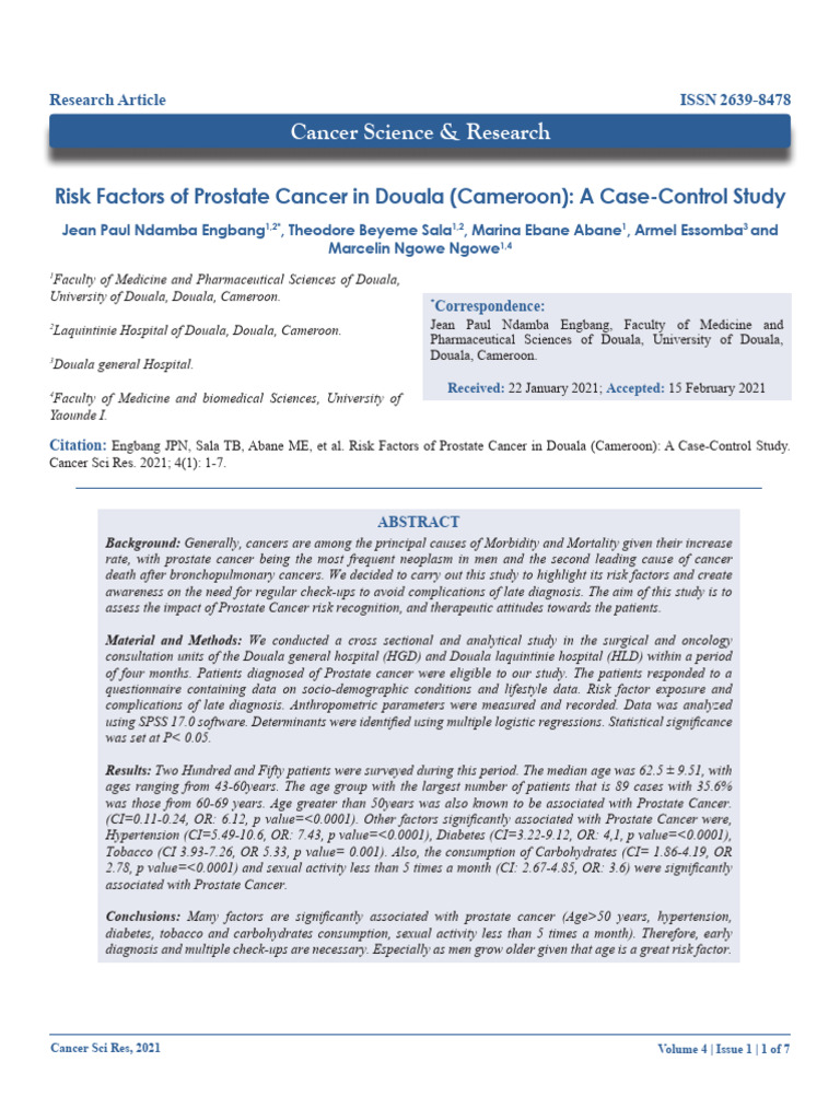 Risk Factors of Prostate Cancer in Douala (Cameroon): A Case-Control Study | PDF | Cancer ...