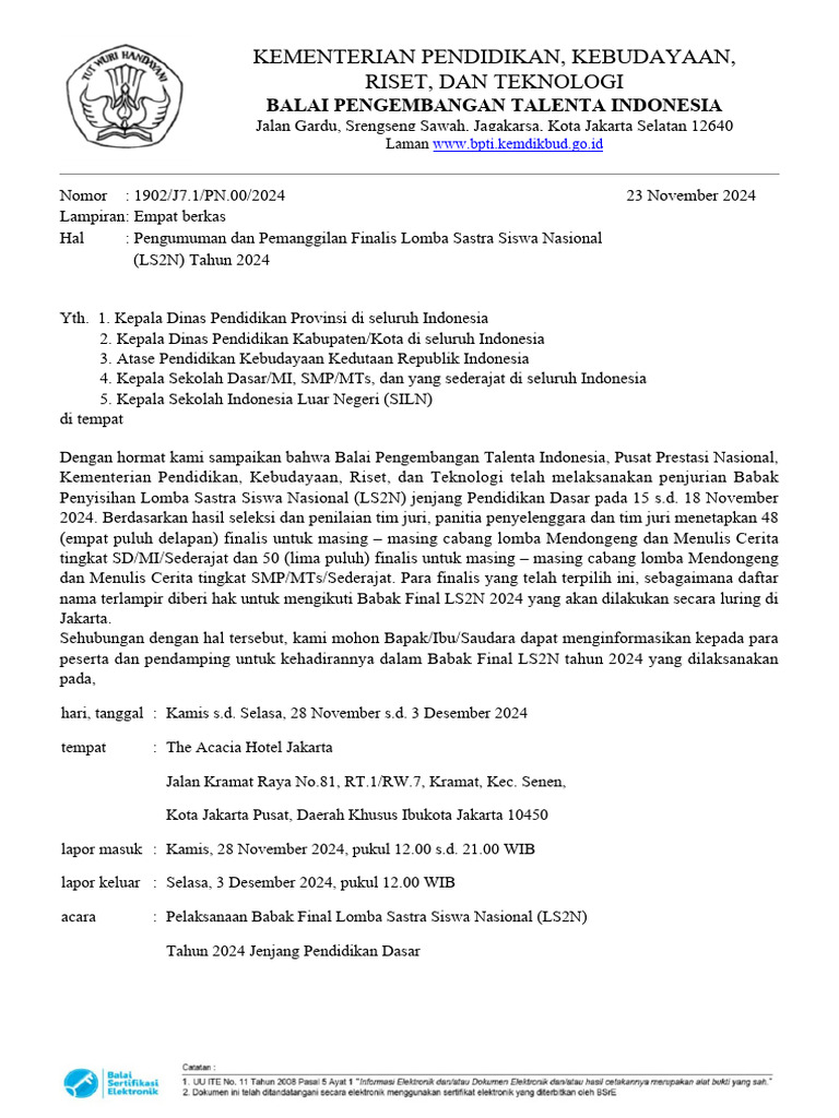 Surat Pengumuman Dan Pemanggilan Finalis Lomba Sastra Siswa Nasional Tahun 2024 | PDF