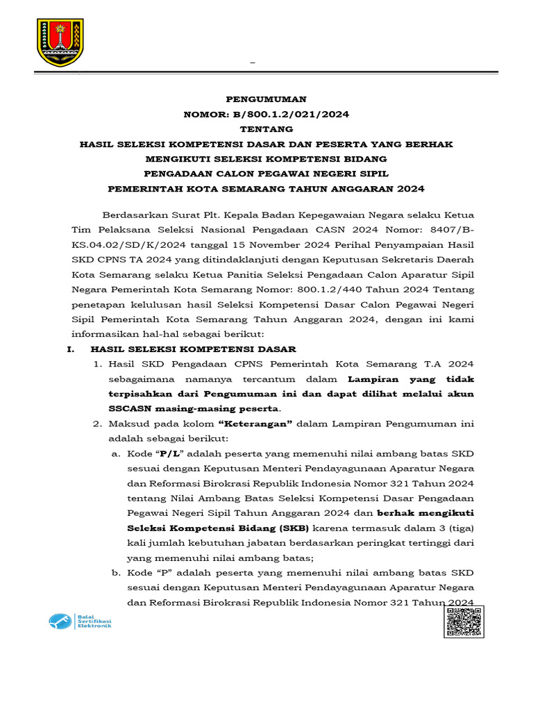 Pengumuman Hasil Seleksi SKD CPNS | PDF