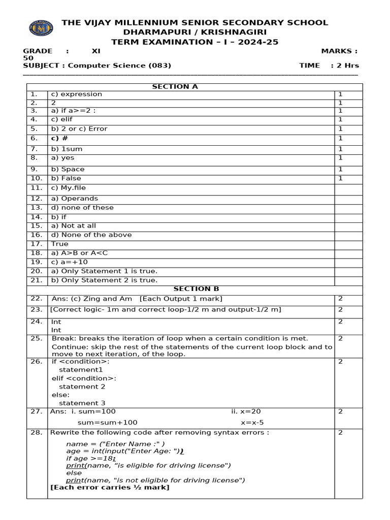 CS TERM1 GRADE XI 2024-25 Key | PDF | Python (Programming Language) | Software Development