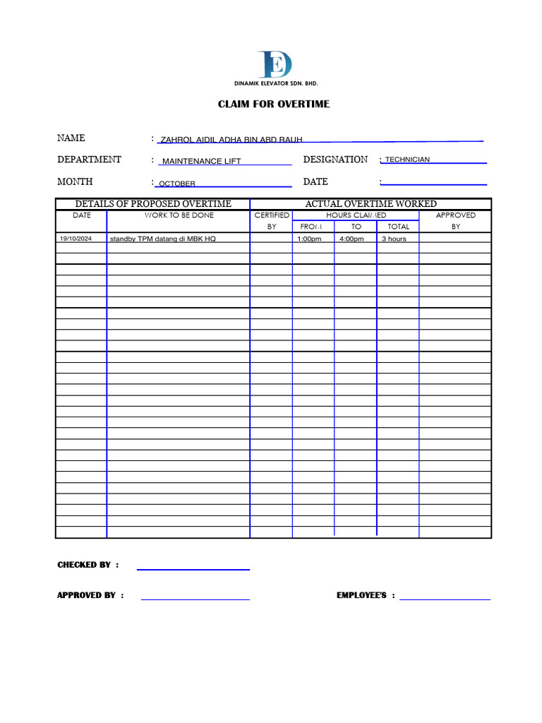 Overtime Claim Form for Technician | PDF