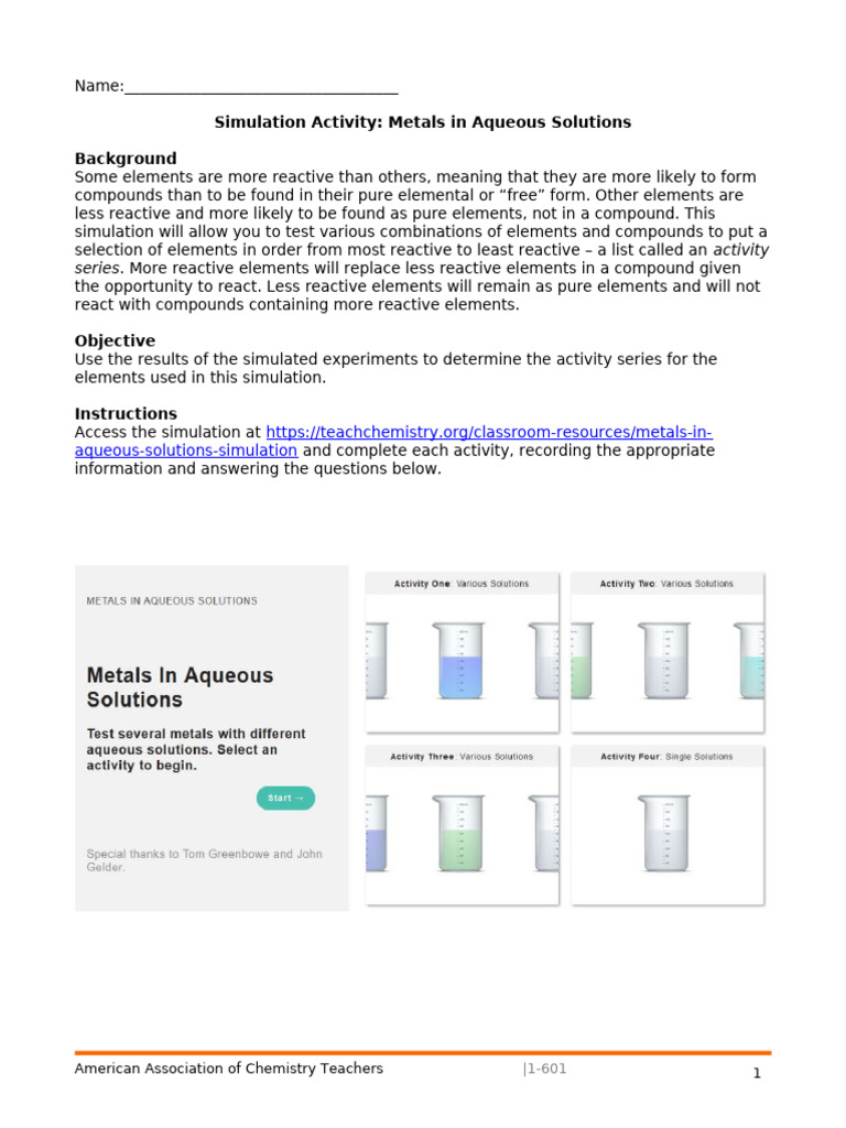 Metals Reactivity Simulation Guide | PDF | Chemical Reactions | Molecules