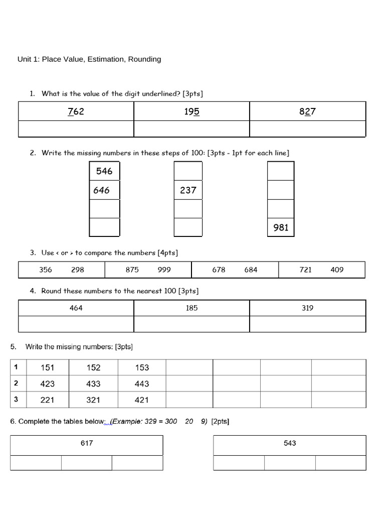 Unit 1 - Place Value, Estimation, Rounding | PDF