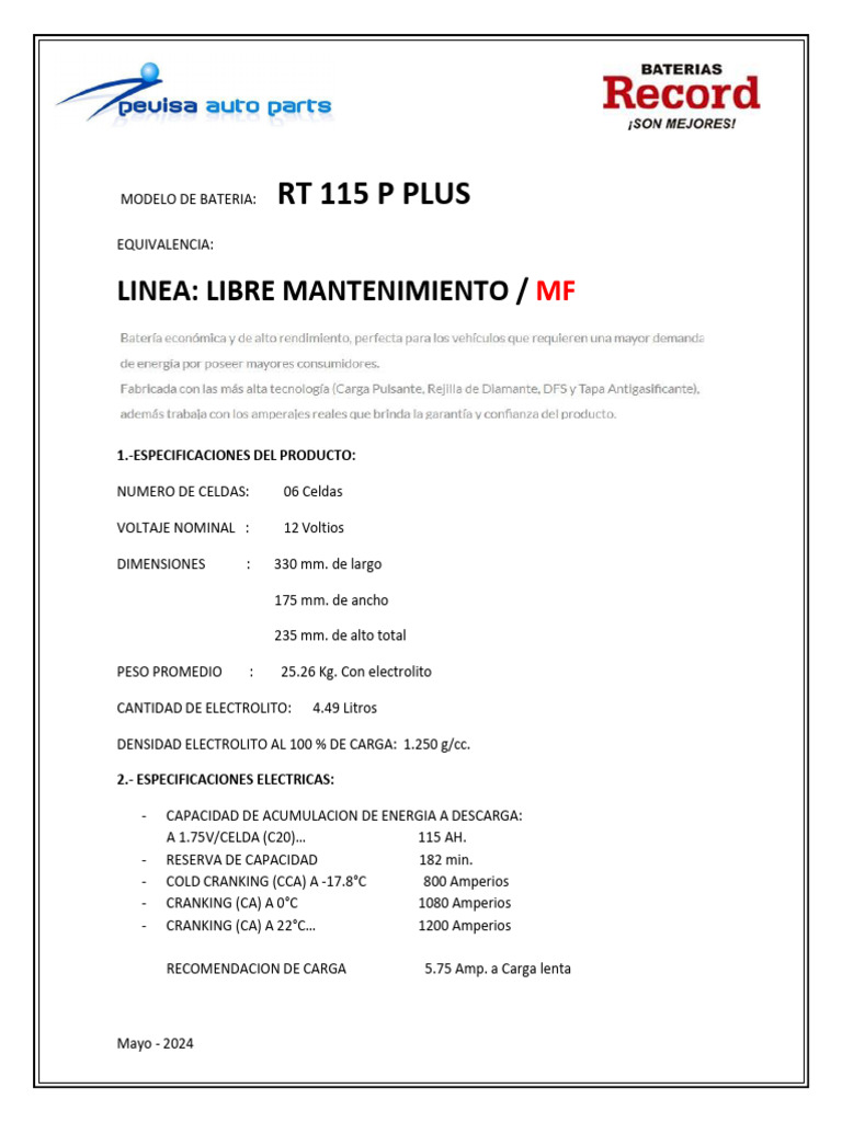 Batería RT 115 P Plus: Especificaciones y Datos | PDF