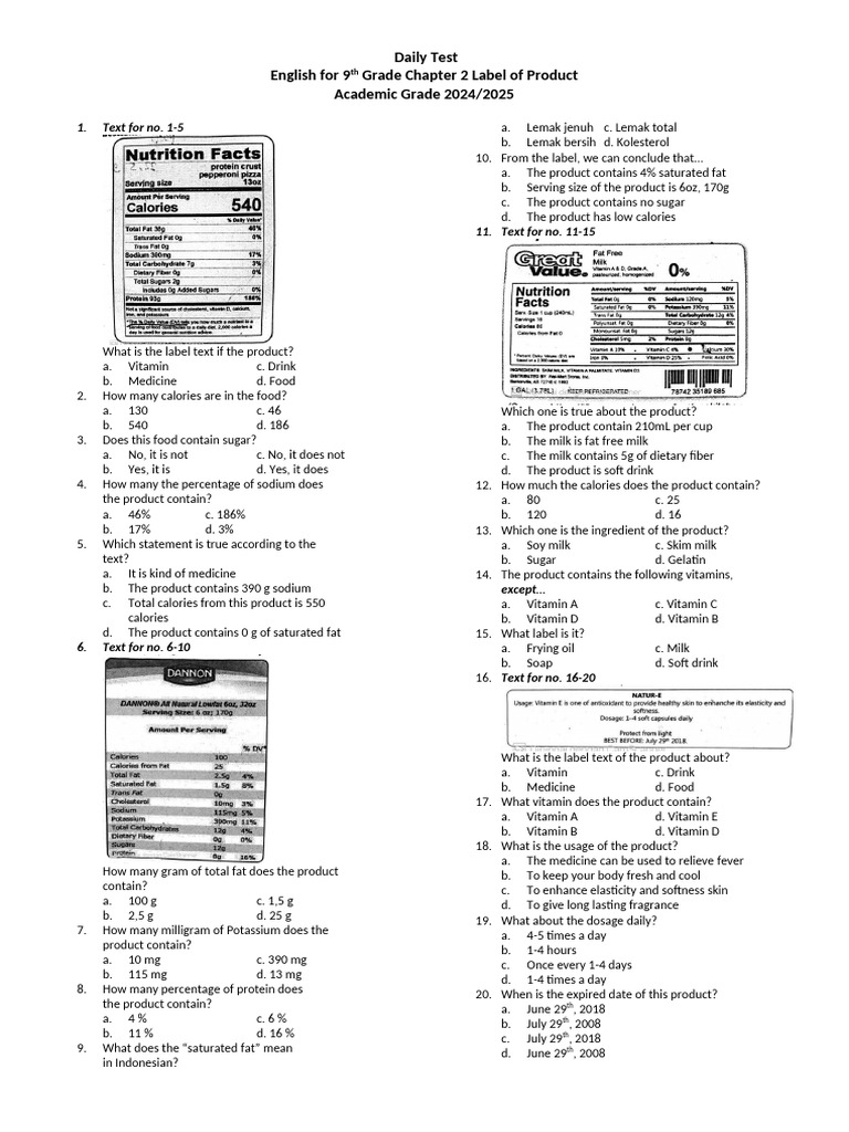 Uh Chapter 2 Label Kelas 9 | PDF | Vitamin | Fat