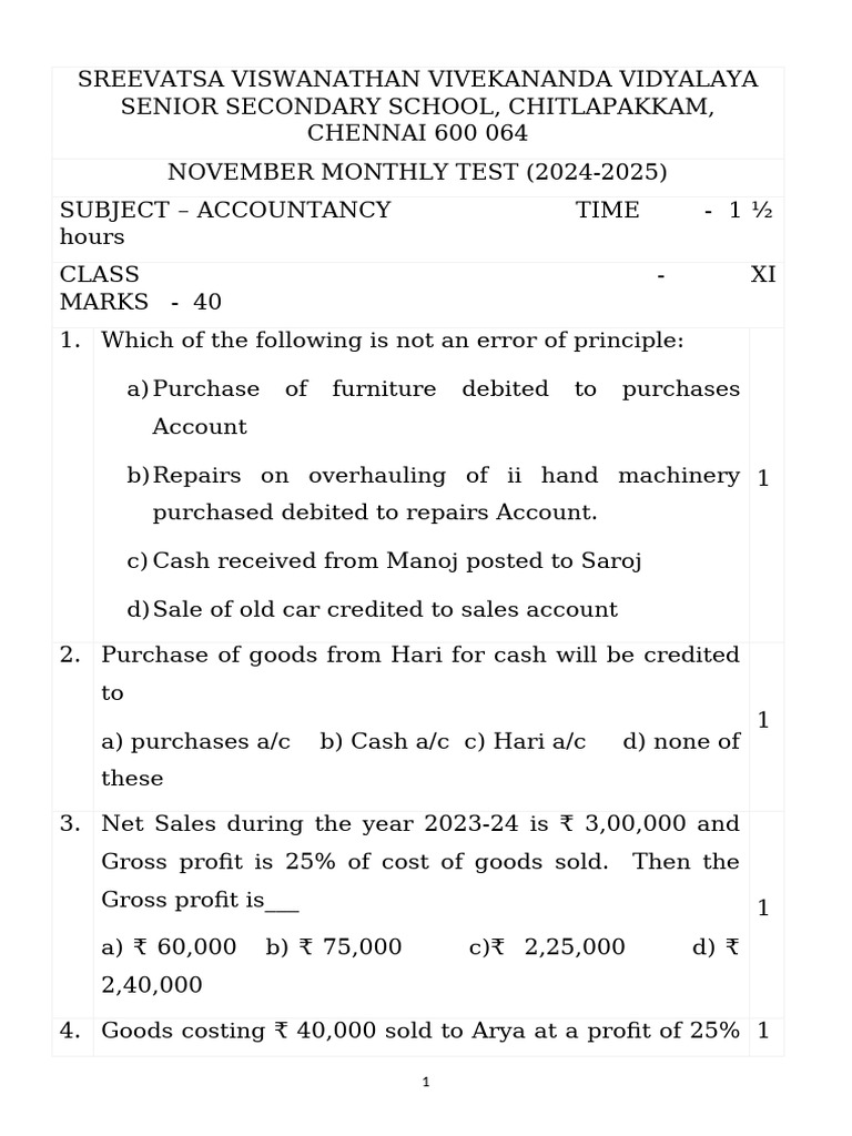 Xi Acc Nov MT 2024-25 | PDF | Debits And Credits | Banks
