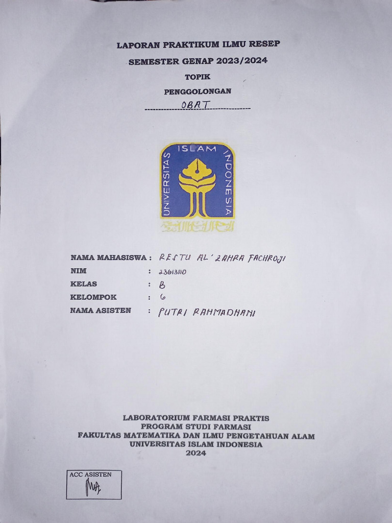 (23613110 - Restu Al' Zahra Fachroji) Laporan Praktikum Ilmu Resep ...
