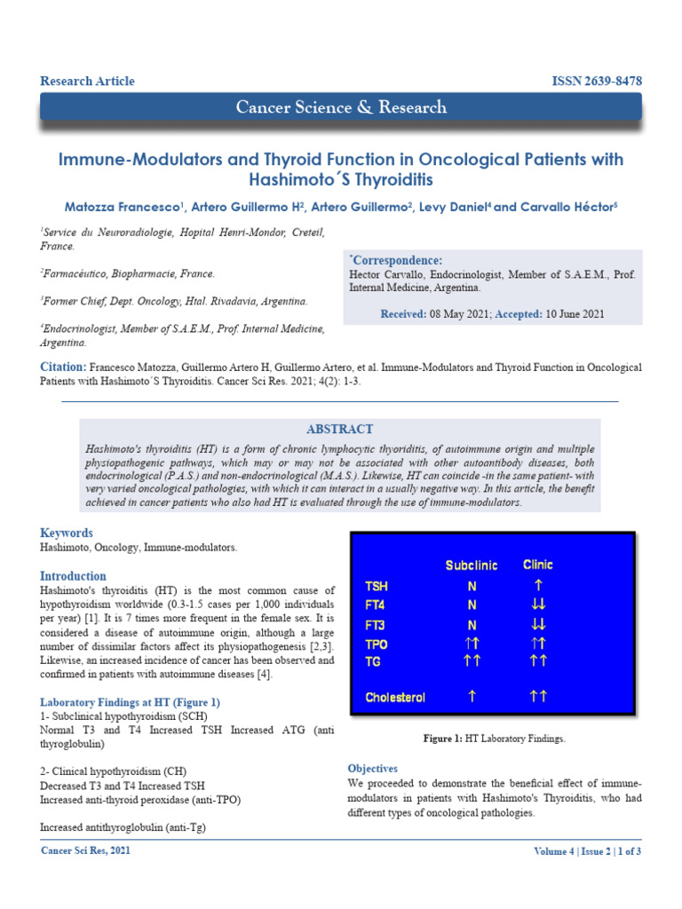 Immune-Modulators and Thyroid Function in Oncological Patients With Hashimoto S Thyroiditis ...