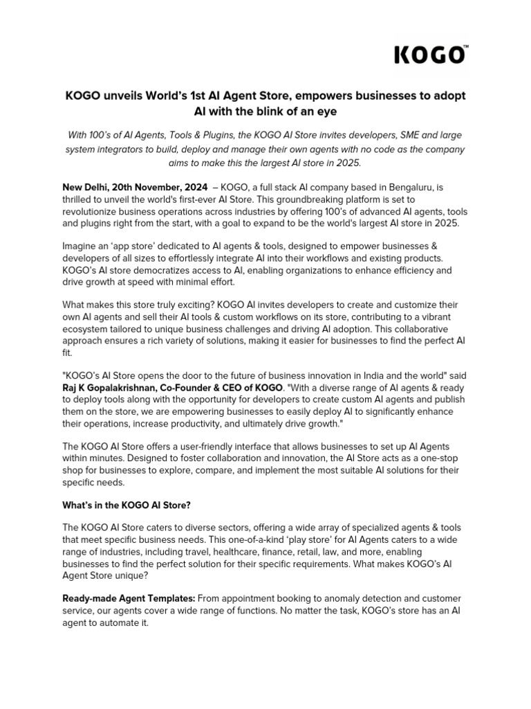 KOGO Unveils World's 1st AI Agent Store, Empowers Businesses To Adopt AI With The Blink of An ...