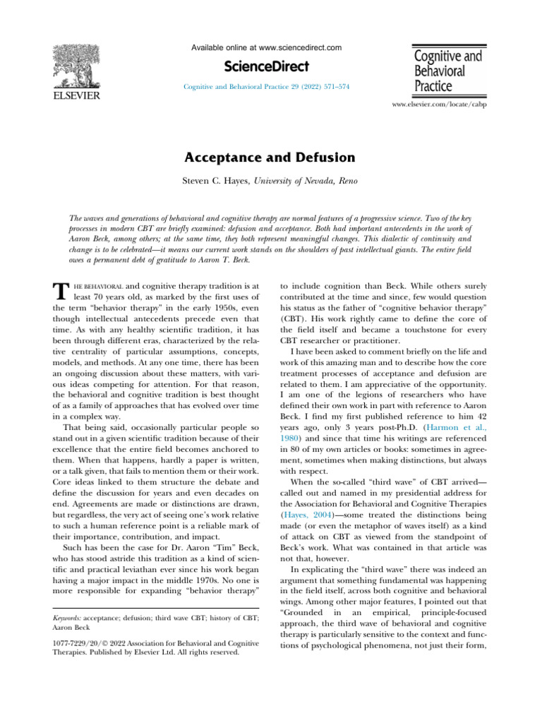 Acceptance and Defusion - 2022 - Cognitive and Behavioral Practice | PDF | Cognitive Behavioral ...