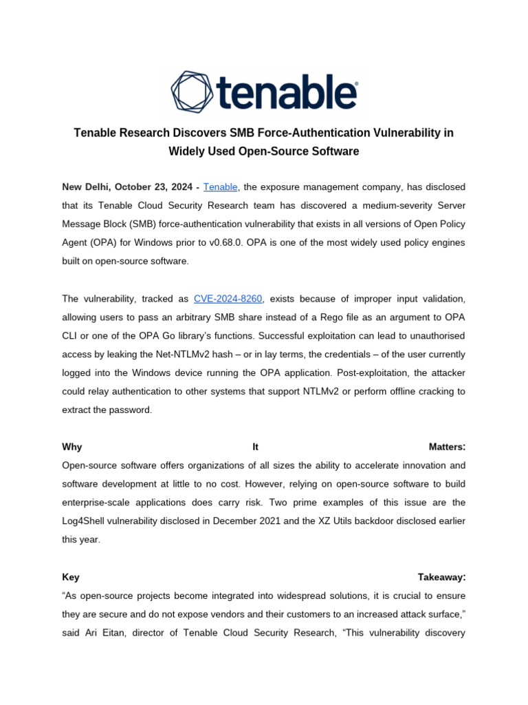 Press Release - Tenable Research Discovers SMB Force-Authentication ...