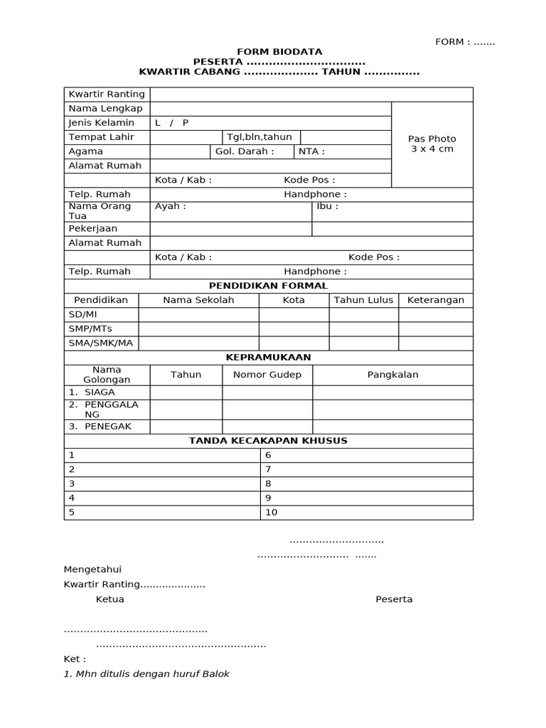 FORM 1 Biodata Peserta | PDF
