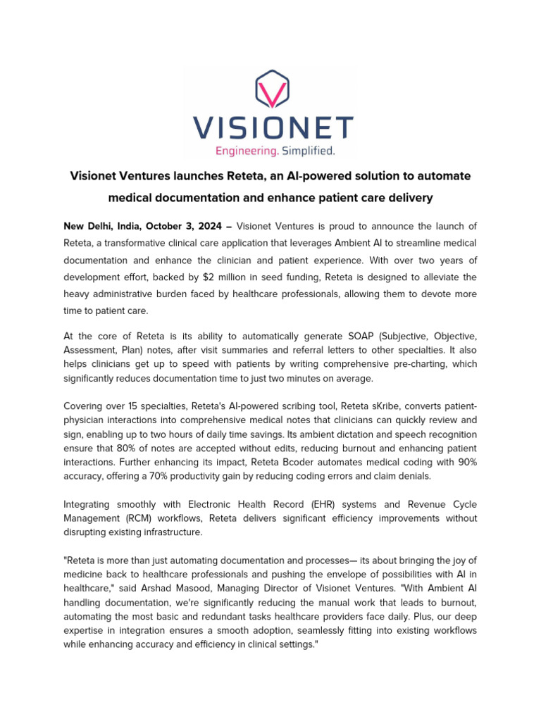 Press Release - Visionet Ventures Launches Reteta, An AI-powered Solution To Automate Medical ...